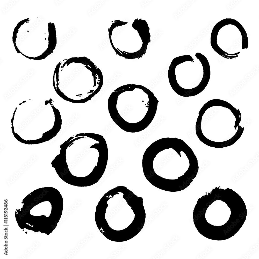 Black ink circles. Watercolor hand drawing rough round shapes. Vector ...