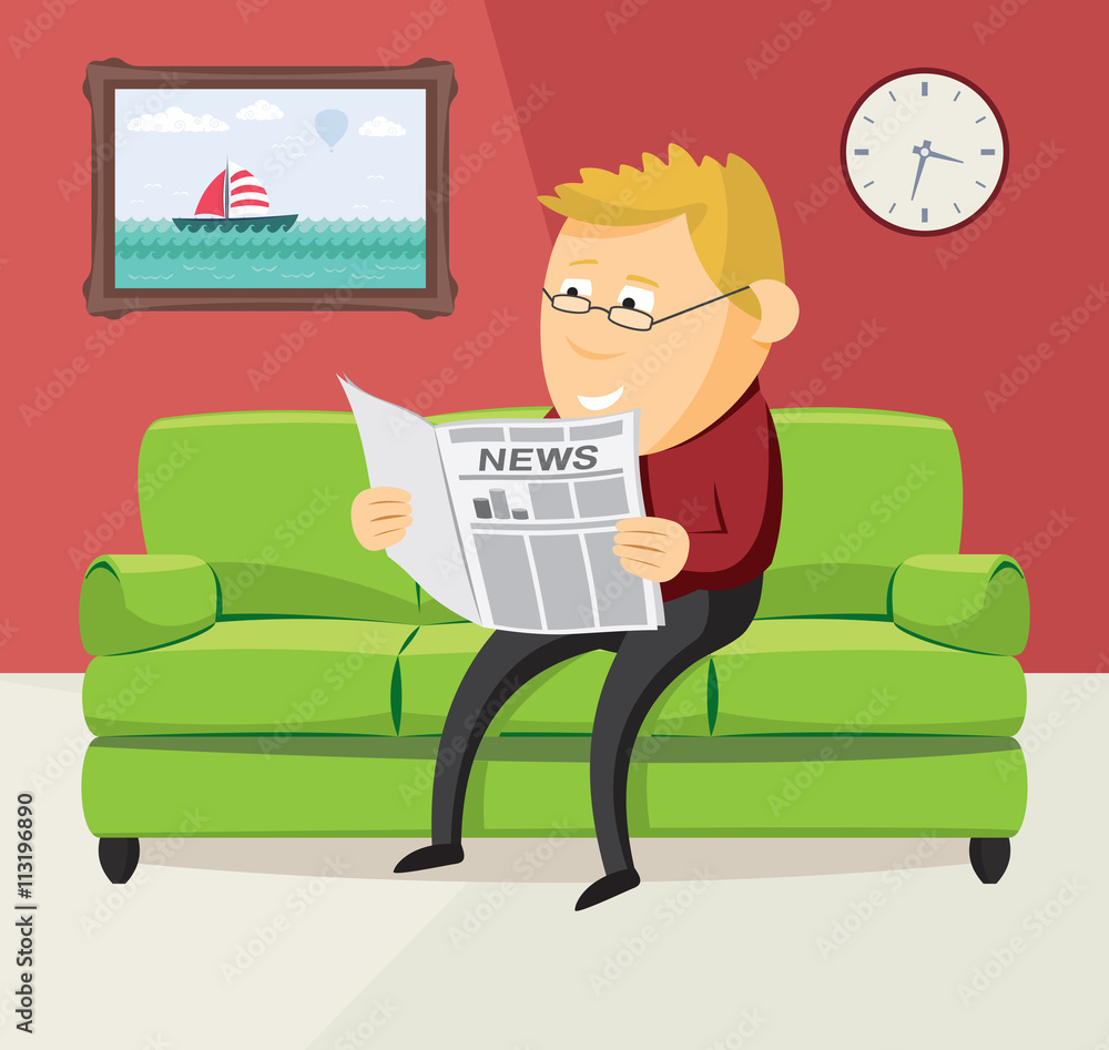 Happy man is reading a newspaper on the sofa in the living room. Simple ...