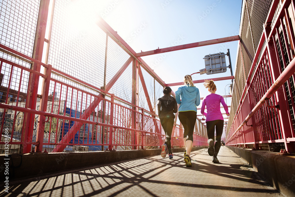 Rear view of female athletes jogging on pedestrian walkway against ...