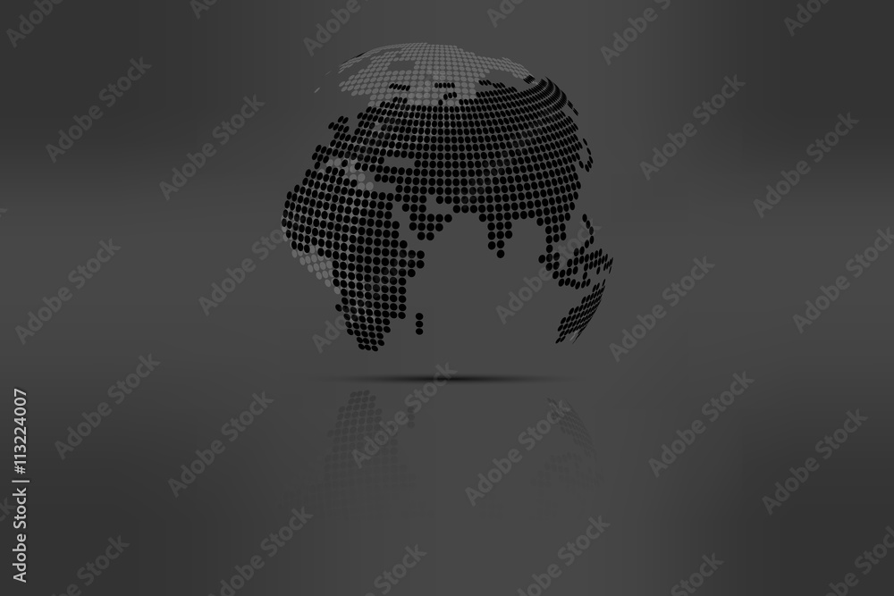 Globe with world map in grayscale colors with shadow. Rounded dotted ...
