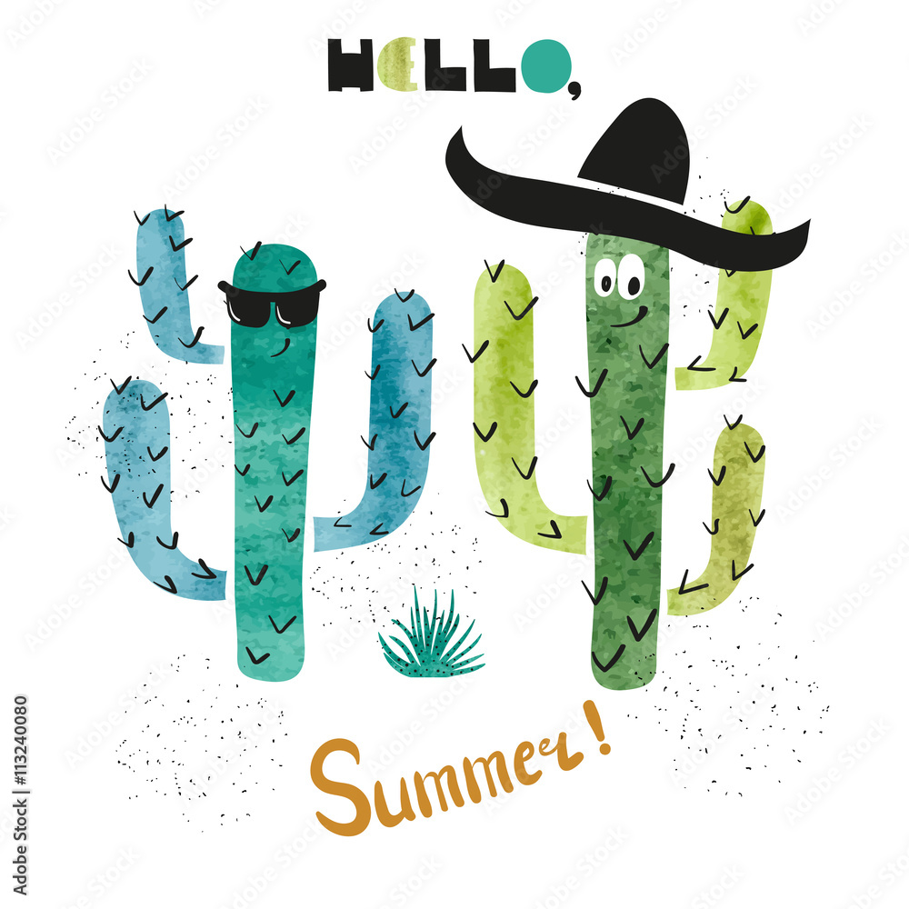 Cute watercolor cactus vector illustration. Summer party invitation ...