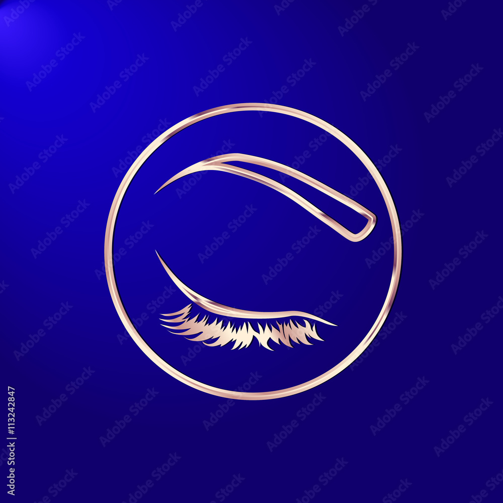 Gold premium make-up round logo closed eye with eyelashes and eyebrows ...
