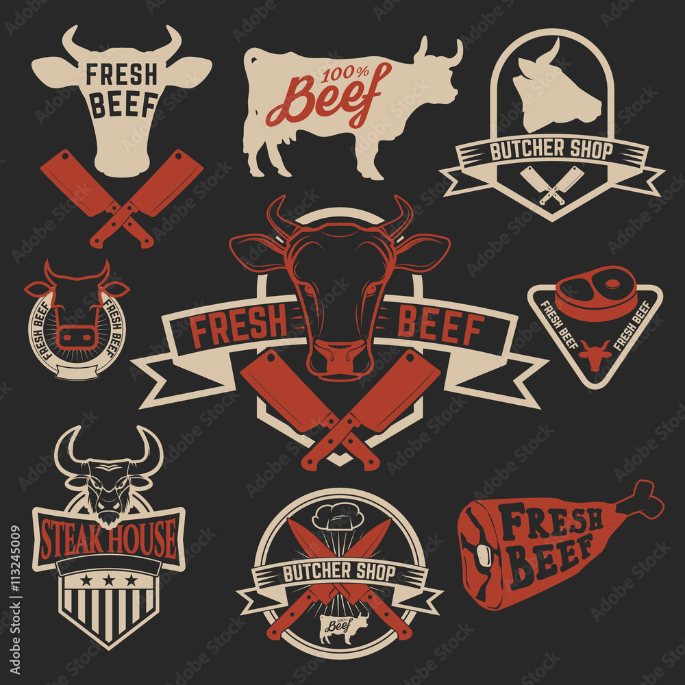 Fresh beef labels. Butchery store labels. Cow heads icons and bu Stock ...