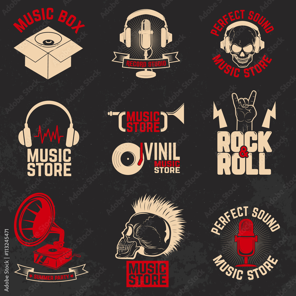 Set of music store labels on grunge background. Design element f Stock ...