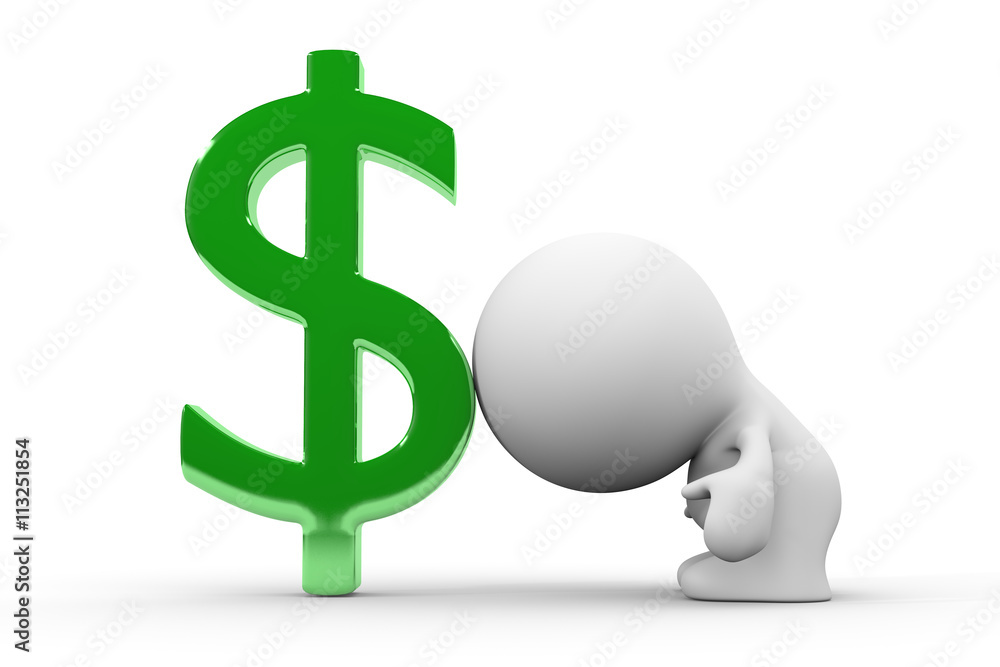 human 3d person leaning on a huge shiny green dollar sign Stock ...