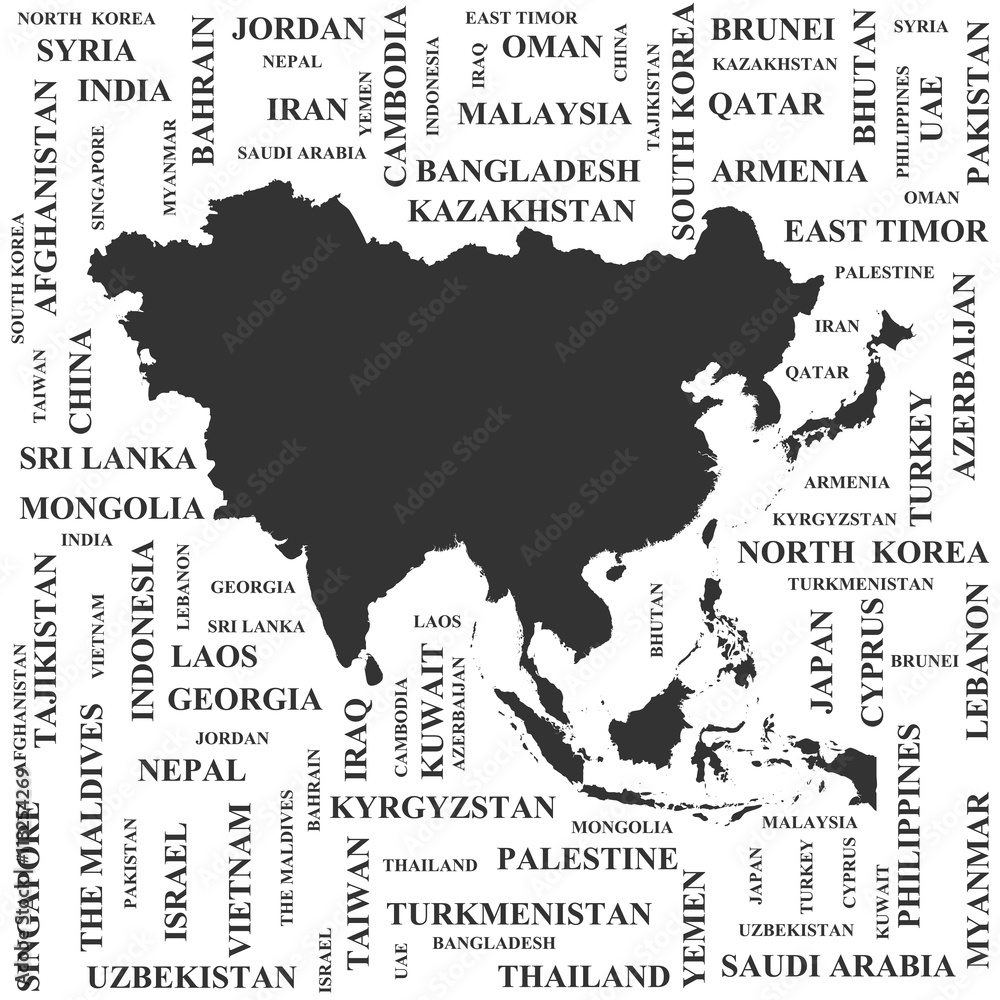 detailed map of Asia with country names Stock Vector | Adobe Stock