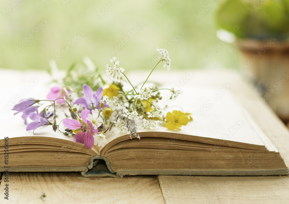 Vintage book with bouquet of meadow flowers, nostalgic vintage ...