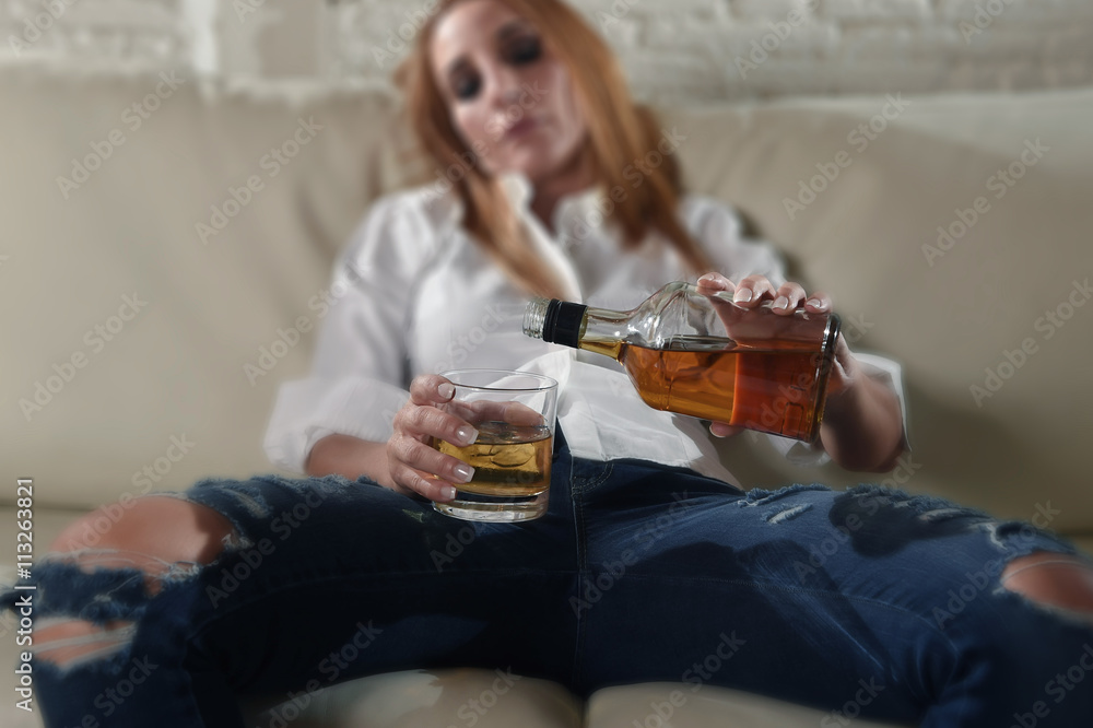 sad depressed alcoholic drunk woman drinking at home in housewife ...