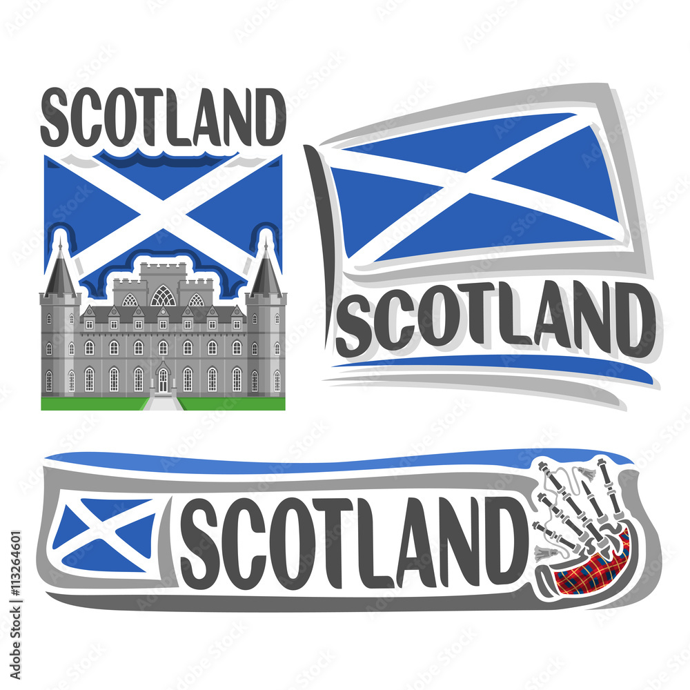 Vector logo for Scotland, 3 isolated illustrations: Inveraray Castle in ...