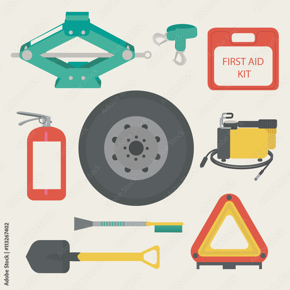 Tow rope, first aid kit, fire extinguisher, spare wheel, shovel, brush ...