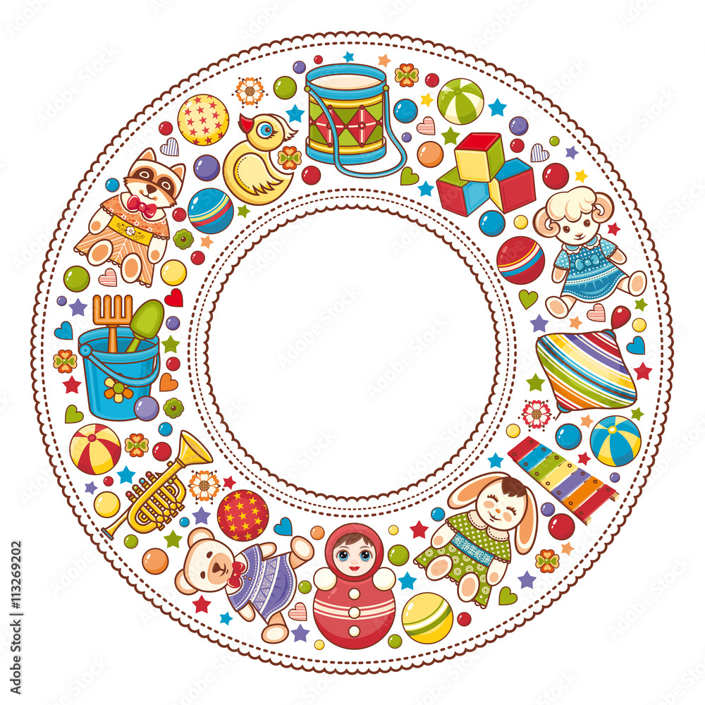 Children's colorful round frame. Baby background. Happy birthday ...