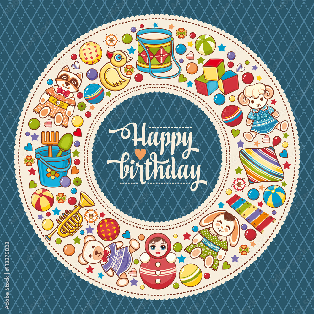 Children's colorful round frame. Baby background. Happy birthday ...