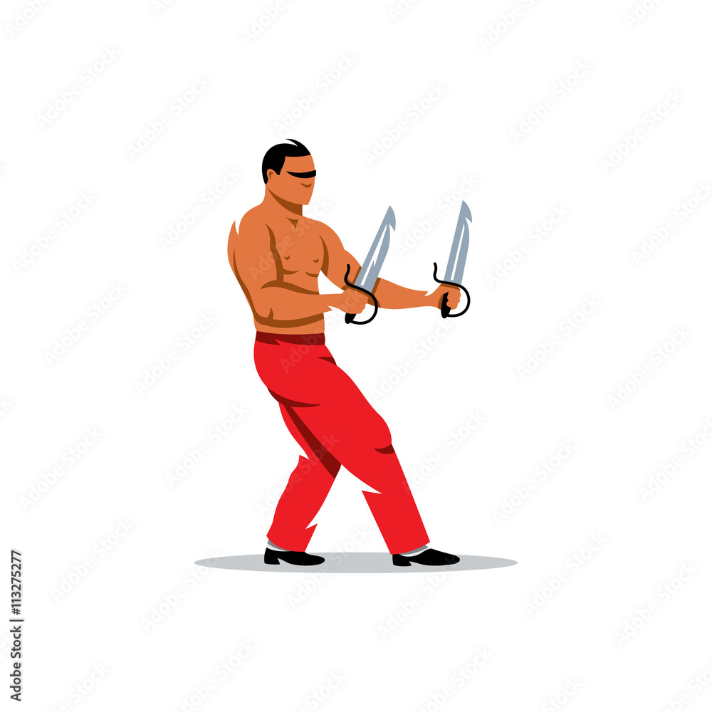 Vector Wing Chun kung fu Man with two swords. Cartoon Illustration ...