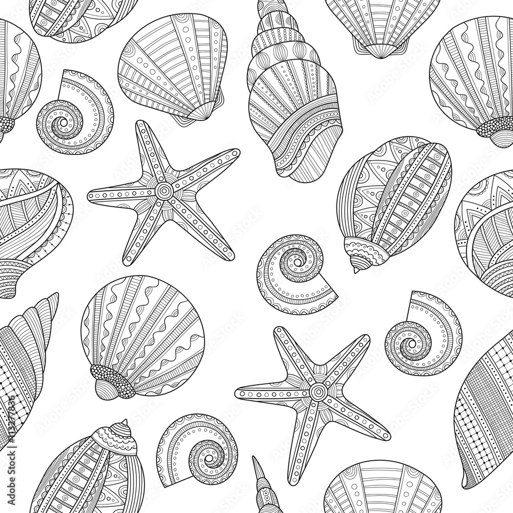 Sea shells. Black and white seamless pattern for coloring book, Stock ...