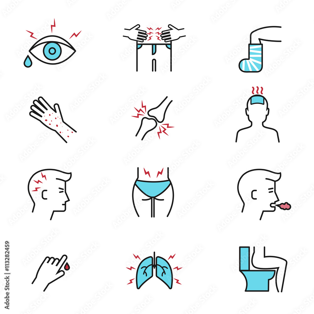 Vecteur Stock Illness and diseases symptoms vector outline icons with ...