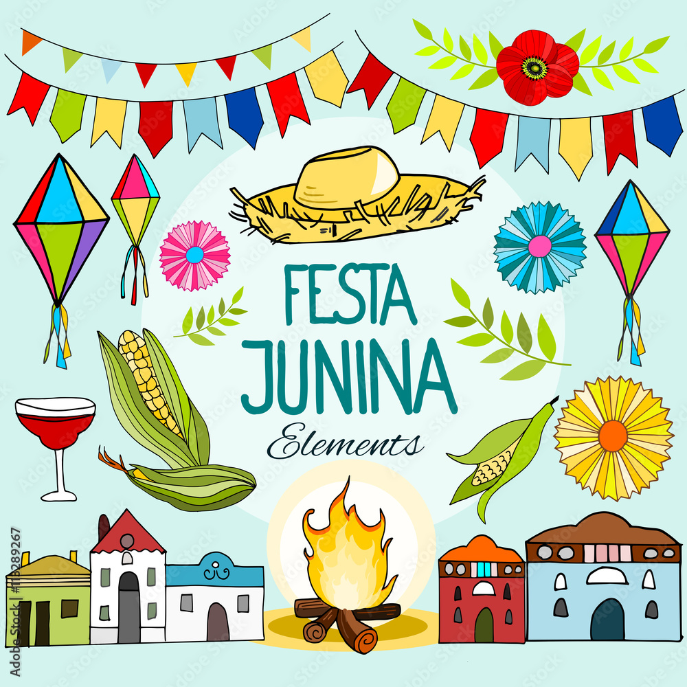 Set of Brazilian Festa Junina party, celebration elements, hand drawn ...