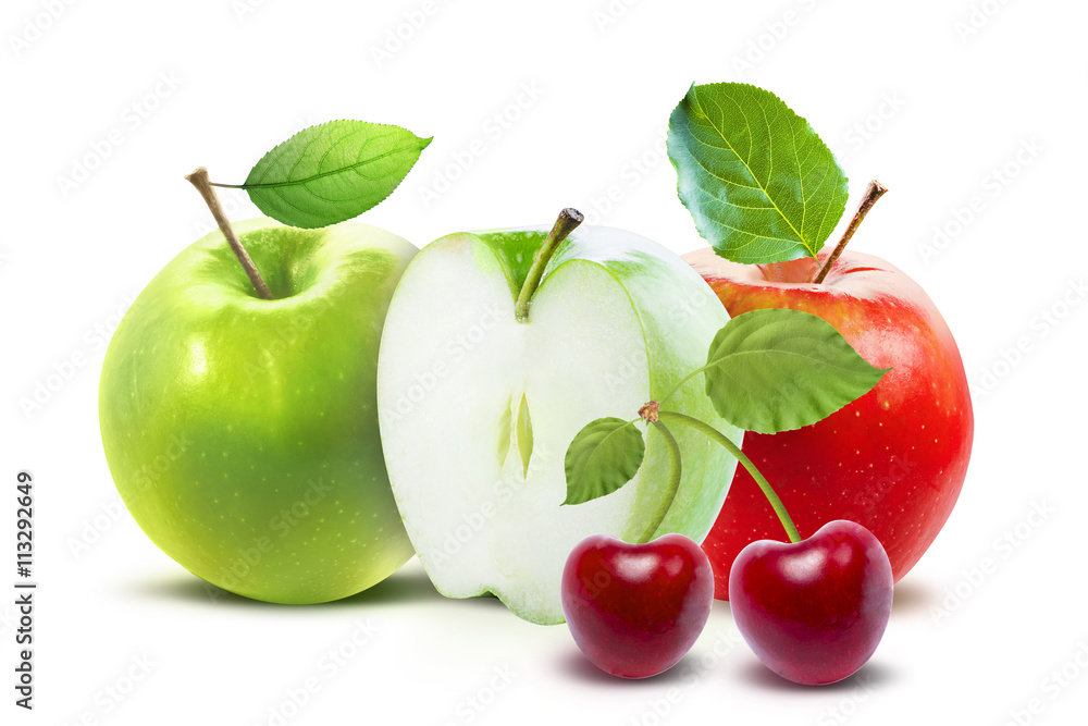 Red apple and cherry isolated on white background with clipping path ...