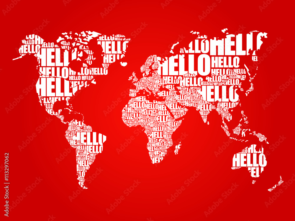 HELLO Word Cloud World Map in Typography, background concept Stock ...