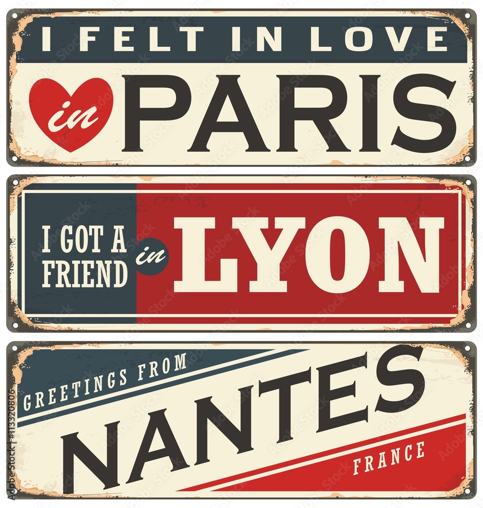 Retro tin sign collection with French cities Stock Vector | Adobe Stock