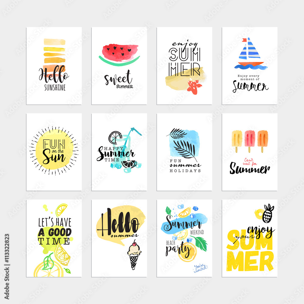 Set of hand drawn watercolor summer cards and banners. Vector ...