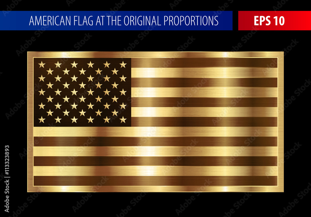 Gold American flag in a metallic frame. Metal texture glare on the flag ...