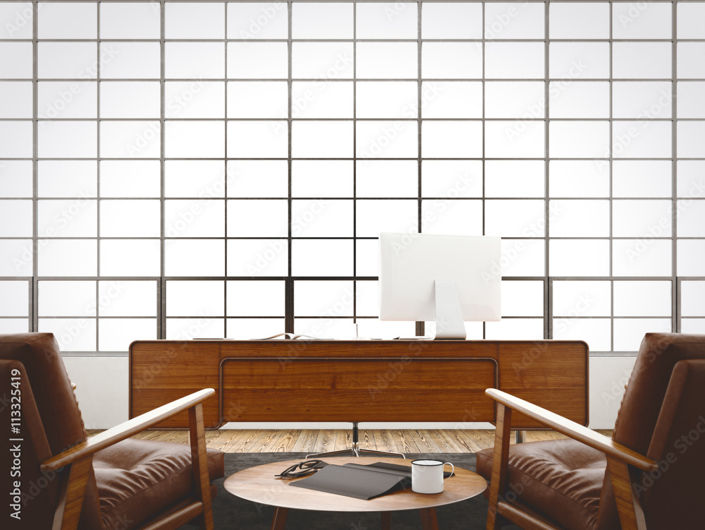 Modern interior cabinet loft with panoramic windows,natural wood floor ...