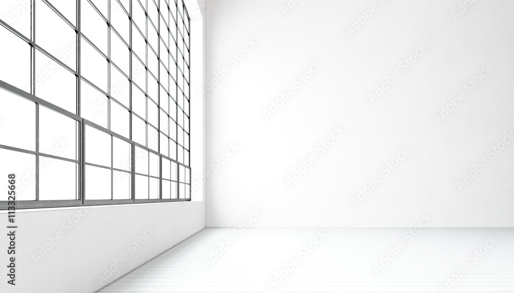 Empty modern meeting room huge panoramic windows,painted natural wood ...