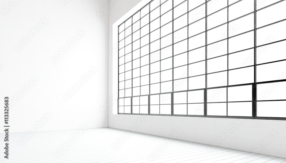 Empty modern meeting room big panoramic windows,painted natural wood ...