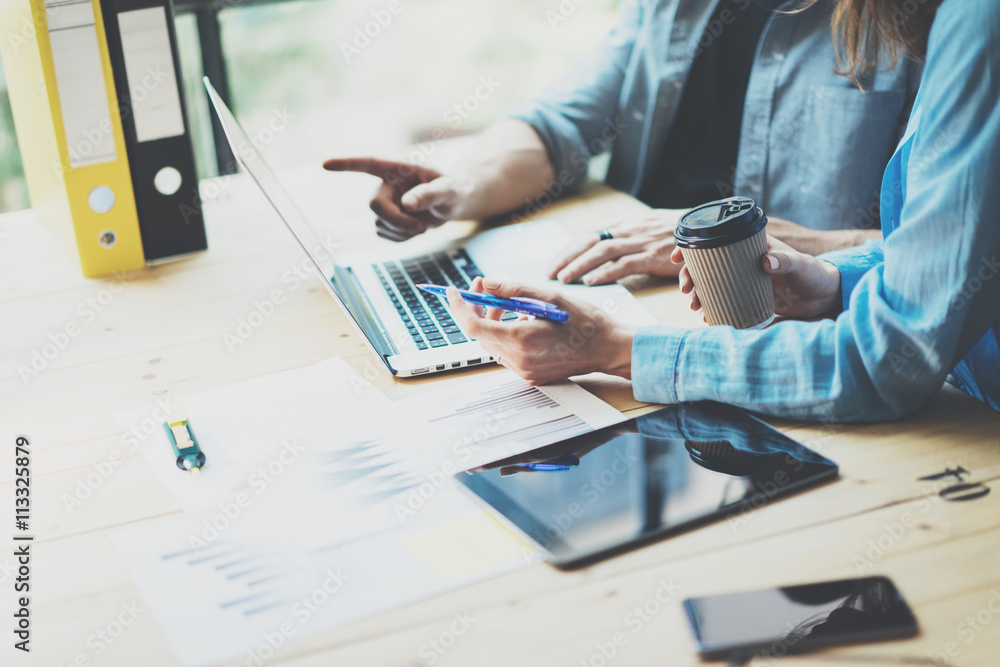 Sales team discussion process.Business crew working with new startup ...