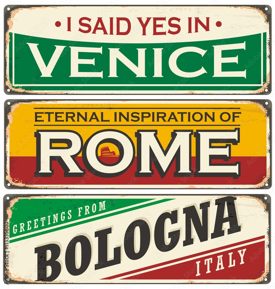 Vettoriale Stock Retro tin sign collection with cities in Italy | Adobe ...