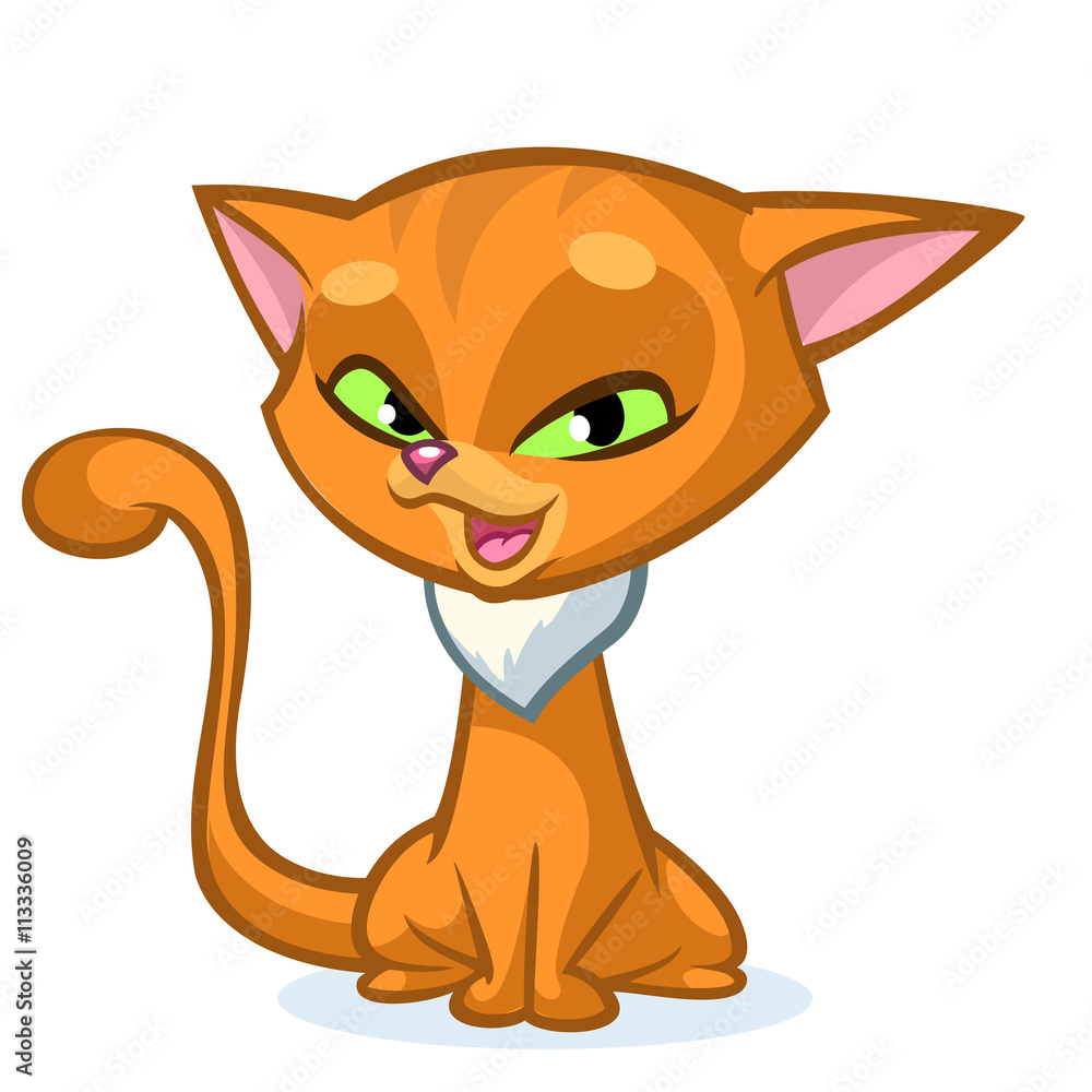 Vector illustration of cartoon ginger cat. Cute red stripped cat with a ...