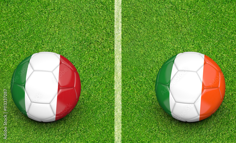 Team balls for Italy vs Ireland football tournament match, 3D rendering ...