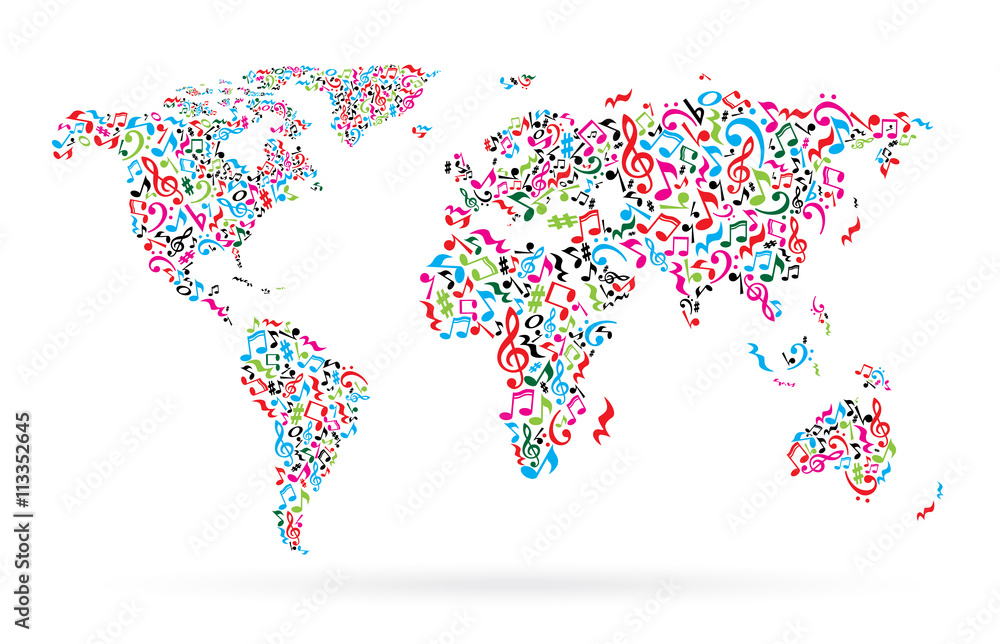 World map from colorful musical notes on white background. Different ...