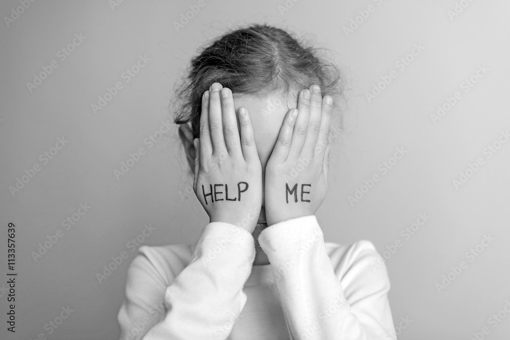 Child need help. Little girl crying. Black and white. Stock Photo ...