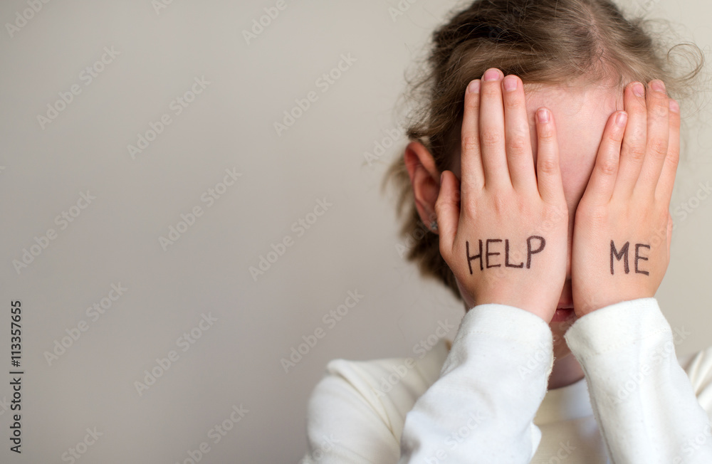 Child need help. Little girl crying. Place for your text. Stock Photo ...
