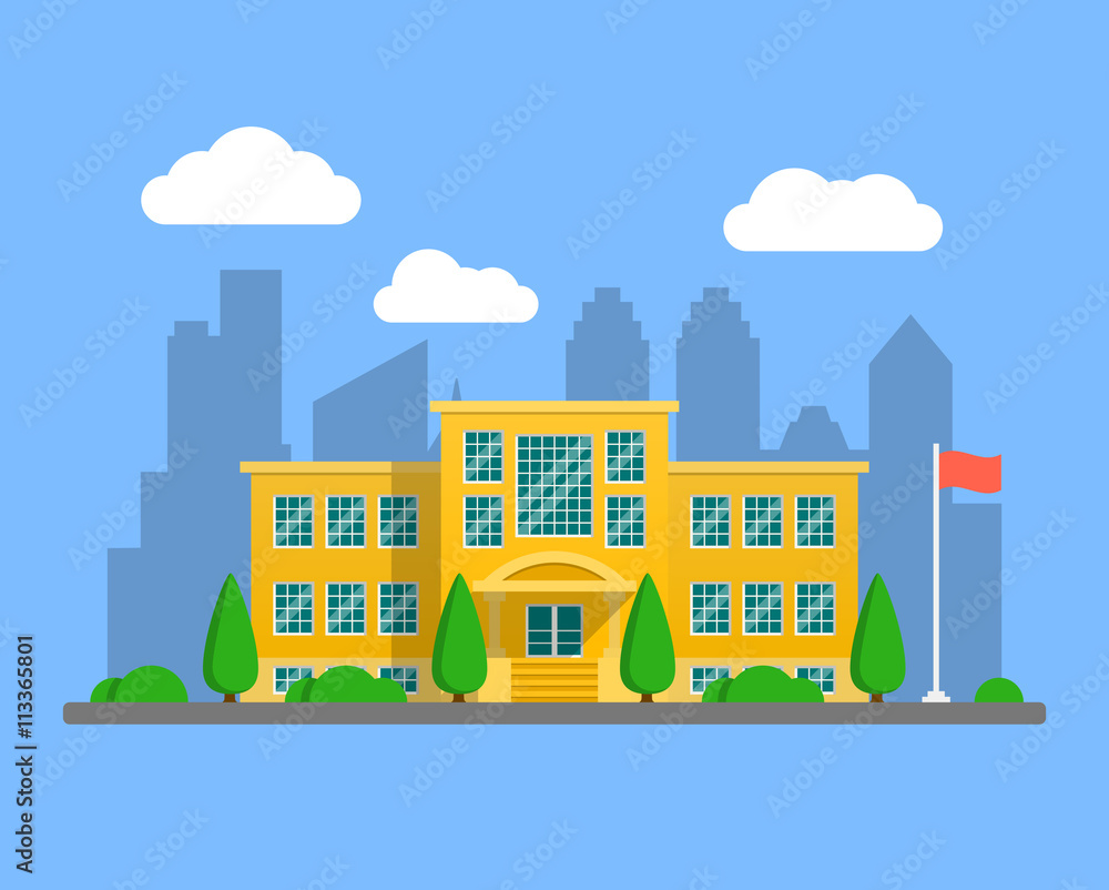 Back to school illustration. Flat modern school building for background ...