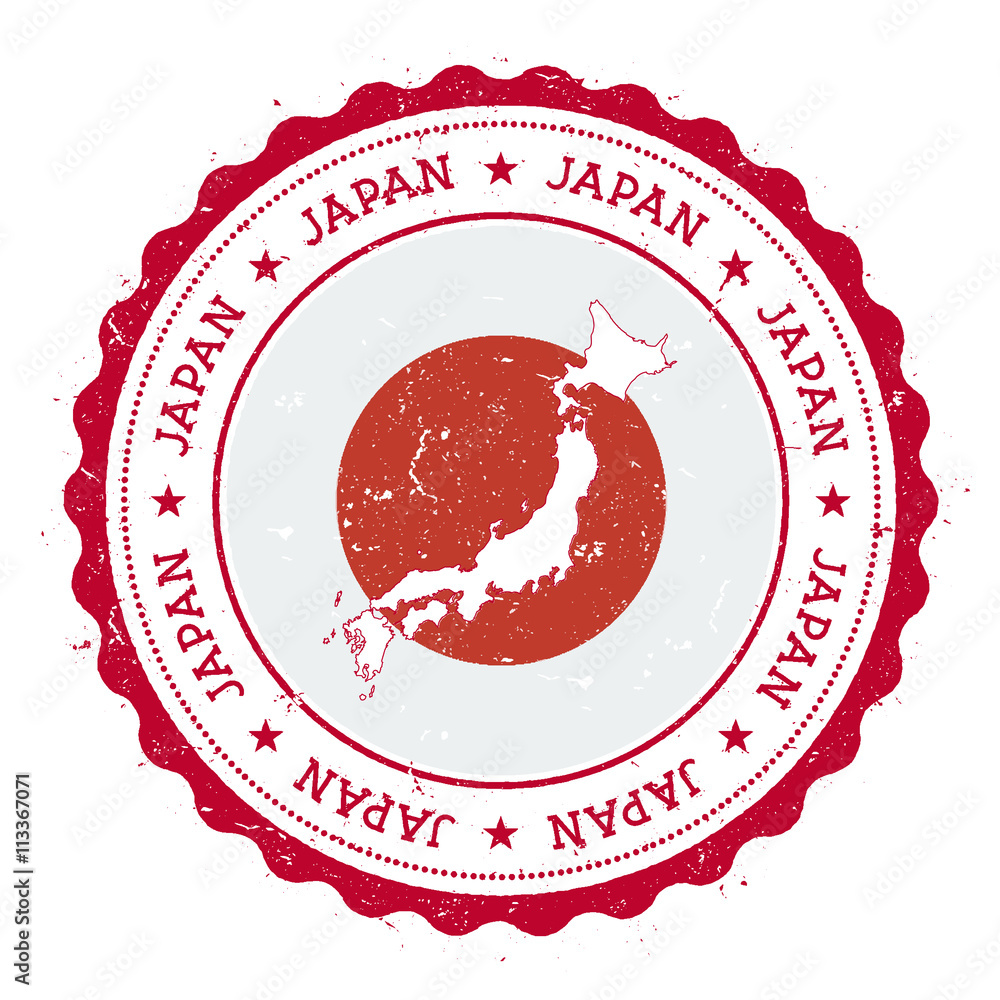 Japan map and flag in vintage rubber stamp of state colours. Grungy ...