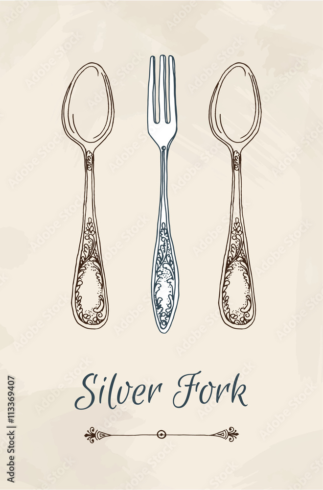Hand drawn vector illustration of curly ornamental silver tableware ...