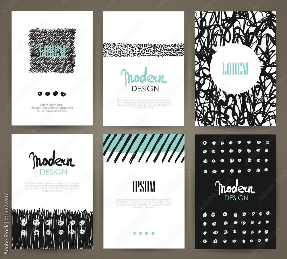 Set of brochures with hand drawn abstract design elements, patterns and ...
