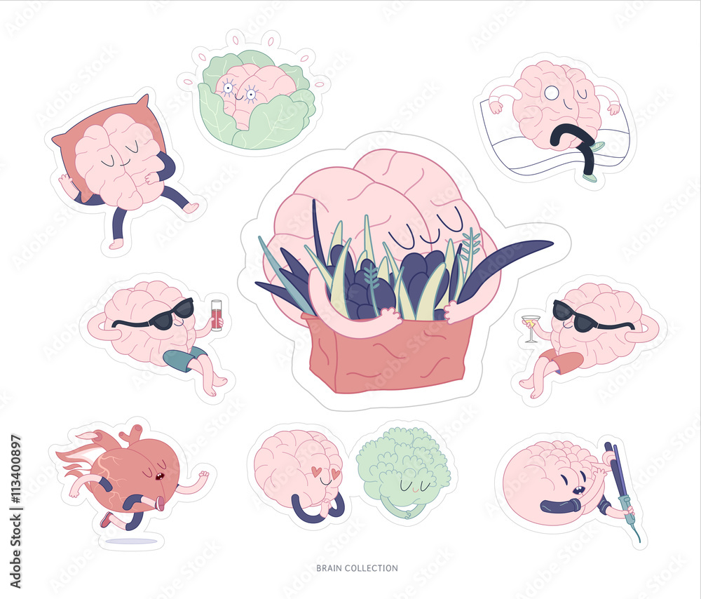 Brain sticker feed and leisure printable set, cartoon vector isolated ...