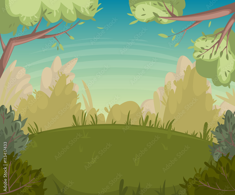 Summer landscape. Forest clearing with trees and bushes. Cartoon vector ...