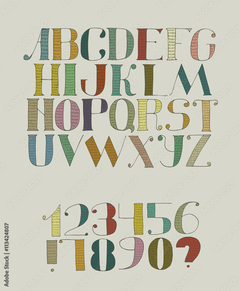 Colorful funky vector illustration with hand drawn font with hatches ...