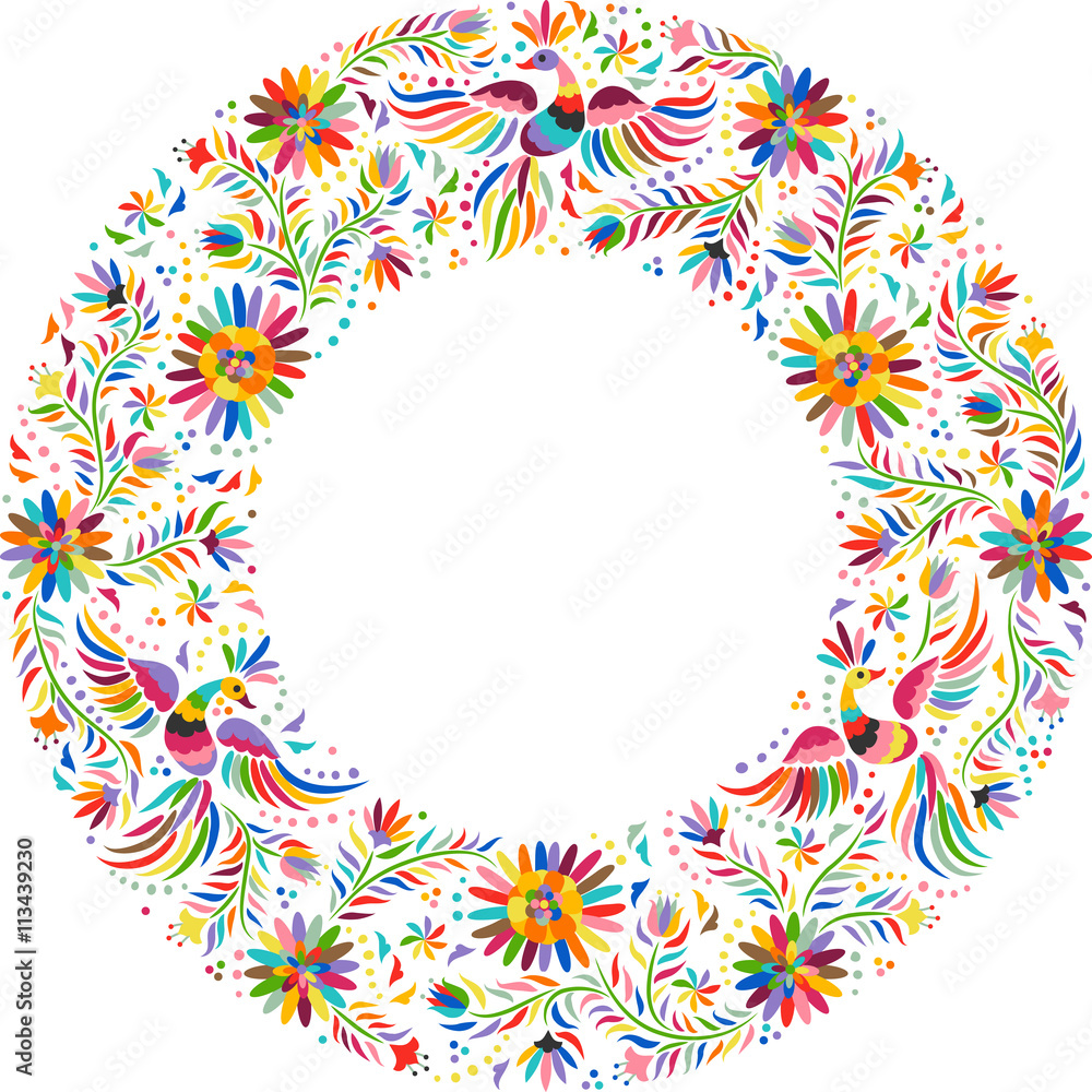 Mexican embroidery round pattern. Colorful and ornate ethnic frame ...