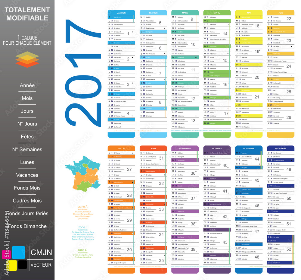 Calendrier 2017 français avec jours fériés entièrement modifiable ...