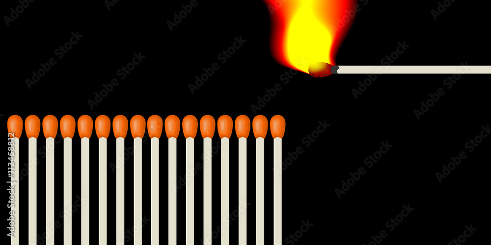 A number of matches and lit one burning match in front of a chain ...