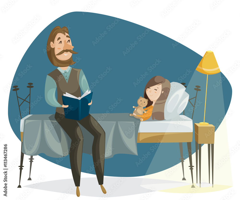 Father reading bedtime story to his daughter. Funny cartoon characters ...