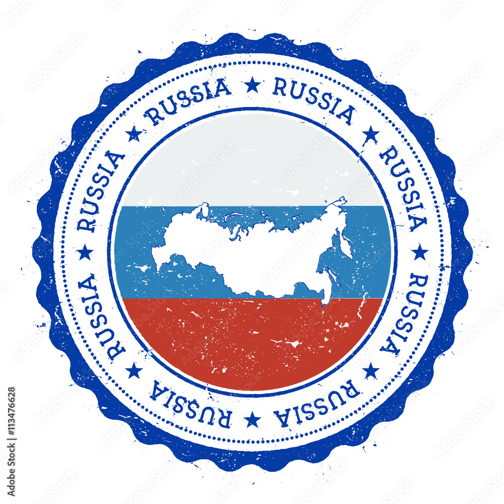 Russian Federation map and flag in vintage rubber stamp of state ...