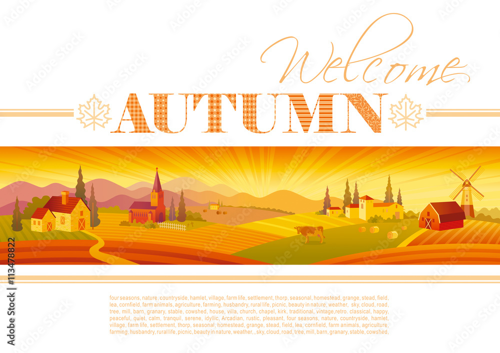 Idyllic farming landscape flayer design with text logo Welcome Autumn ...