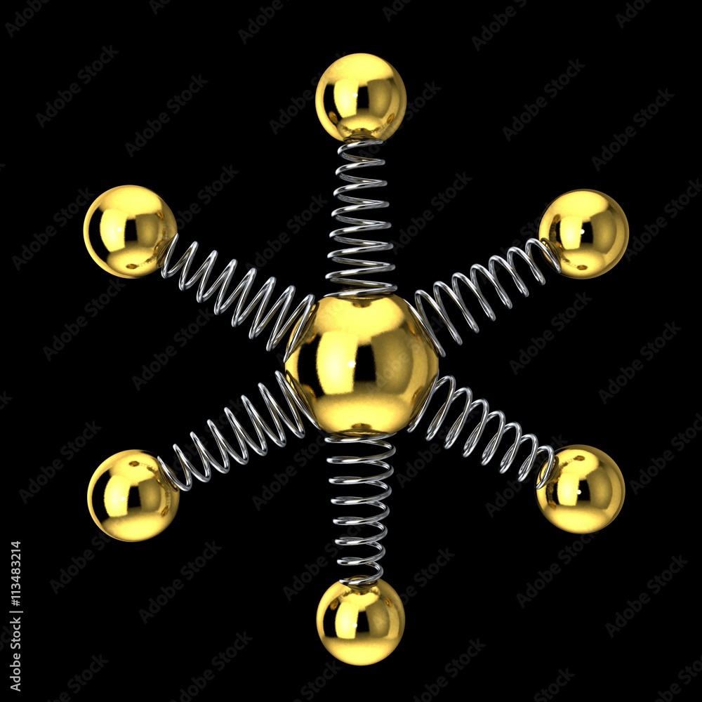 Metal sphere connected by springs.Isolated on black background. Stock ...