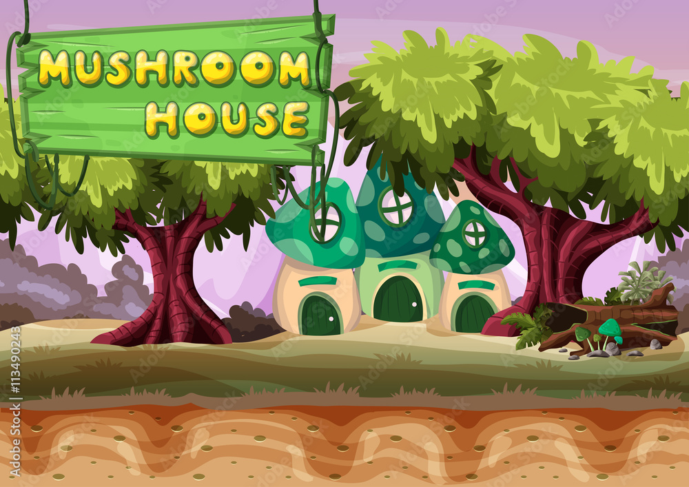 Seamless cartoon vector mushroom house with separated layers for game ...